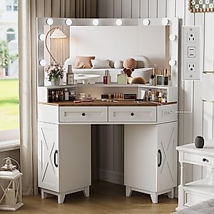 Fameill Corner Vanity Desk with Mirror and Lights, Farmhouse Makeup Vanity with Charging Station, 2 Drawers, 2 Cabinets & Sliding Frosted Glass Storage Space and Shelves, 3 Color Lighting Modes, White