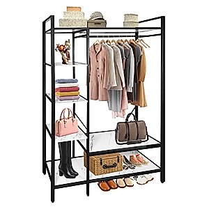 AT-VALY Heavy Duty Clothes Rack with Shelves,Freestanding Closet Organizer Metal Wardrobe Closet Mens Womens Storage Shelves Clothes Storage Rack (Black)