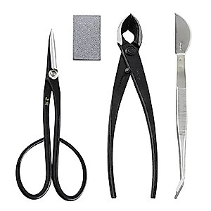 Wazakura 4PCS Bonsai Essential Tool Kit Made in Japan, Yasugi Steel Satsuki Bonsai Scissors + Concave Branch Cutter 8in (200mm) + Stainless Tweezers + Sap Eraser Set