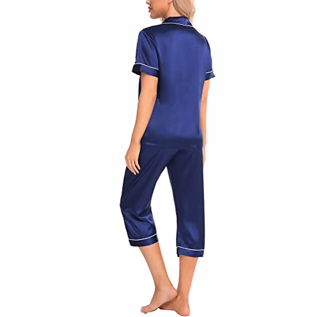 SWOMOG Satin Pajama Set Women Silk Pjs Set Short Sleeve 2 Piece Button Down Sleepwear Lounge Sets Navy Blue