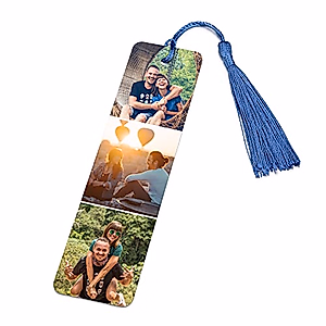 PiercingJ Personalized Metal Bookmark Custom Photo Book Mark with Blue Tassel for Book Worms Birthdays Christmas Valentine's Day Gift