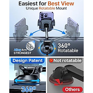 YRU True Military-Grade Car Phone Holder [2024 Upgraded Rotatable Strongest Suction Cup] Cell Phone Mount for Dashboard Windshield Truck Cradle Dash Stand for iPhone 15 14 13 12 Pro Max, Black