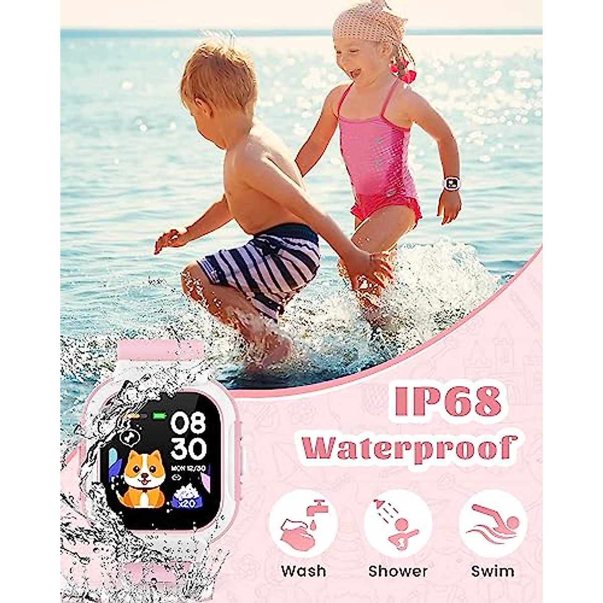 Cloudpoem Smart Watch for Kids Girls Boys, Kids Watch Fitness Tracker Watch with Pedometer Heart Rate Monitor Sleep Tracker Alarm Clocks Puzzle Games Calculator IP68 Waterproof, Kids Gift Pink