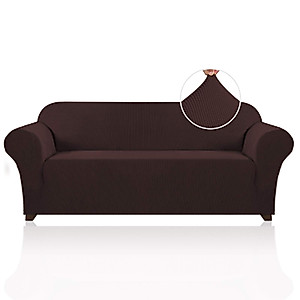 PrinceDeco Stretch Sofa Cover Slipcover Couch Covers for 3 Cushion Couch Furniture Protector Sofa Covers with Non Slip Elastic Bottom Dogs Pet Friendly Fitted (Sofa, Brown)