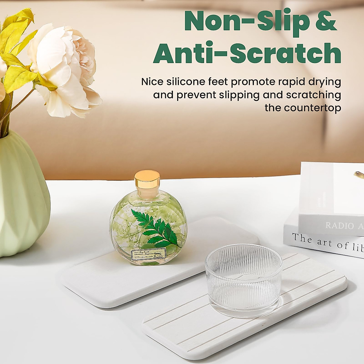 WALL QMER Fast Drying Stone Soap Tray, 9.9'' × 4'' Stone Drying Tray & Toothbrush Holders for Bathroom Counter, Diatomaceous Earth Water Absorbing Stone Tray for Sink, White, 1 Pack