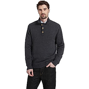Kallspin Men's Pullover Sweater Wool Midweight Mock Neck Quarter-Button Long Sleeve Pullover(Charcoal Large)
