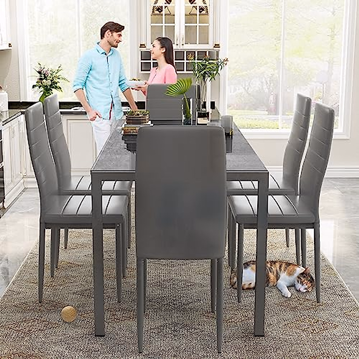 Recaceik Glass Dining Table Sets for 6, 7 Piece Kitchen Table and Chairs Set for 6 Person, Tempered Glass Table and PU Leather Chairs Modern Dining Room Sets for Small Dinette Apartment