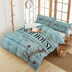 FarmBed 3-Piece Bedding Sets Ocean Submarine Anchor Luxury Soft Duvet Cover, Microfiber Bet Comforter Protector with Pillow Shams for Women Men Teen Girl Boy Vintage Blue Wood Plank Full