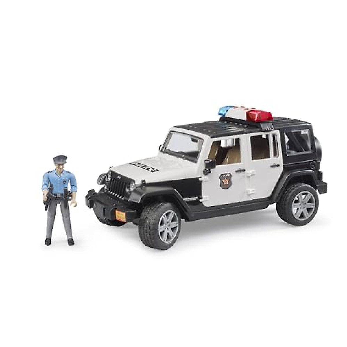 Bruder Toys - Emergency Realistic Jeep Wrangler Unlimited Rubicon Police Vehicle with Light Skintoned Policeman and Light and Sound Module with 4 Different Sounds - Ages 4+
