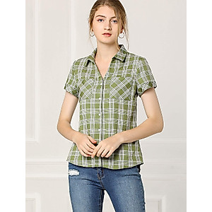 Allegra K Women's Cotton Classic Button Down Western Plaid Shirt Small Light Green