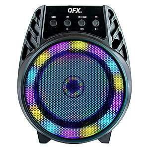 QFX BT-64 TWS Bluetooth Rechargeable Portable Speaker with 4” Woofer LED Party Lights, Microphone Input, AUX Input, USB Port, TF Card Slot, Black