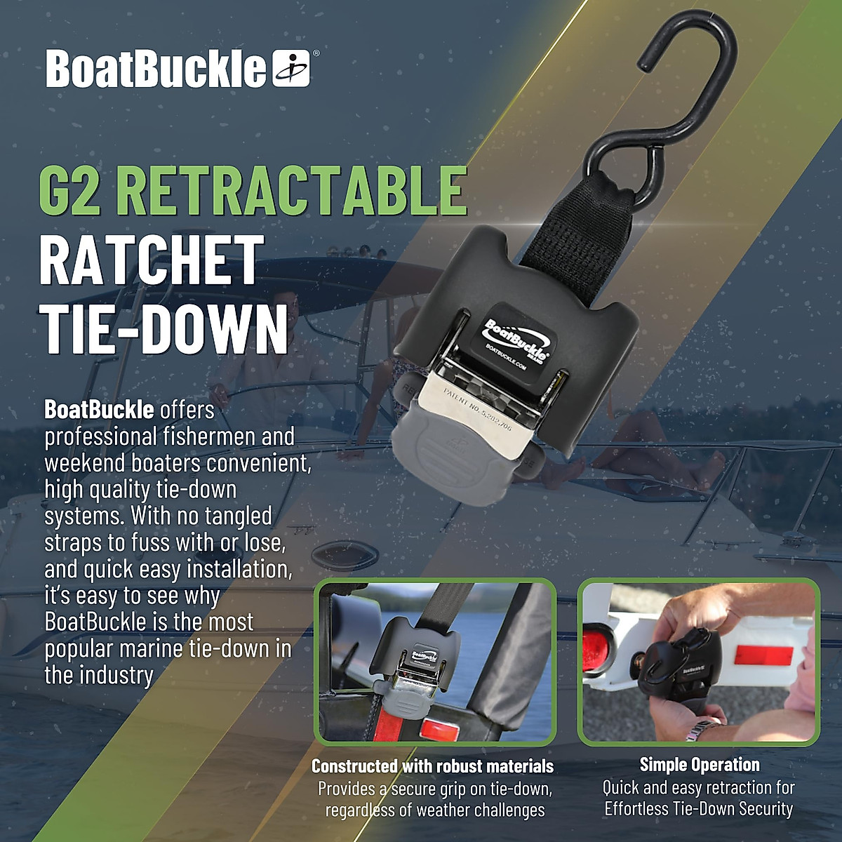 BoatBuckle G2 Stainless Steel Retractable Transom Tie-Down (2 x 43-Inch, Black)