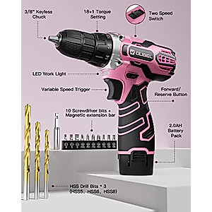 Pink Drill, OUBEL 12V Pink Cordless Drill Set, Pink Drill Set for Women, Power Drill, 2.0AH Battery, 18+1 Torque Setting, 3/8" Keyless Chuck, 2 Variable Speed, 15Pcs Driver/Drill Bits and Storage Bag