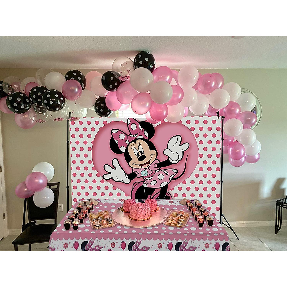 Pink Mouse Backdrop and Mouse Tablecloth for Girls Birthday Party Decorations Mouse Birthday Party Photography Background Banner with Table Covers for Girls Baby Shower Party Supplies (6x4ft)