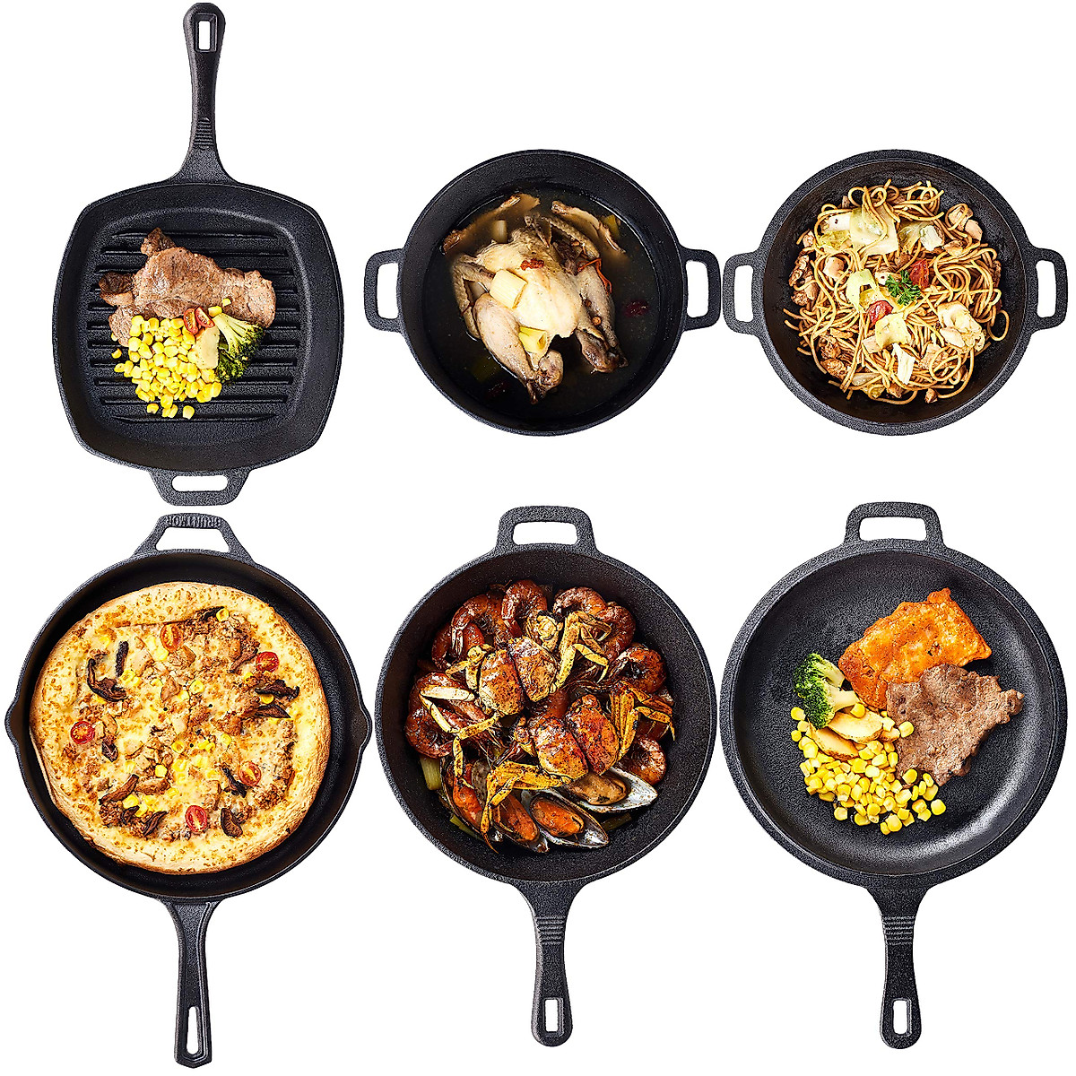 Bruntmor Pre Seasoned 6 pcs Pots And Pans Set - Double Dutch Oven Crockpot - Cooking Set - Cast Iron Skillets and Square Grill Pan with Lid - Outdoor Camping Cookware - Kitchen Accessories