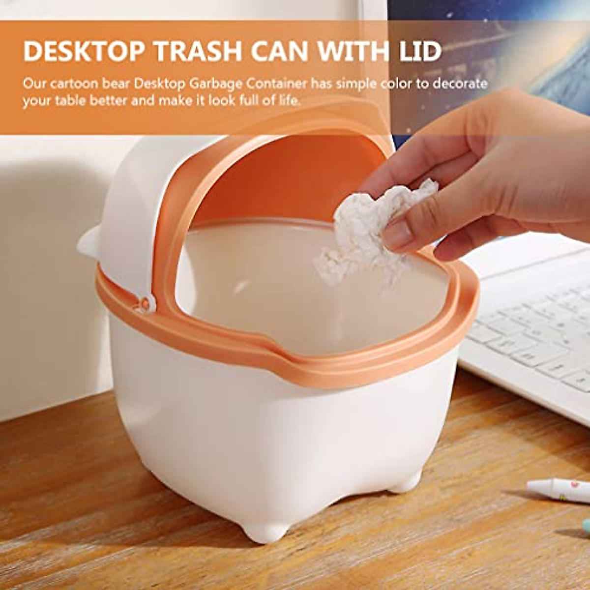 Hemoton Mini Desktop Trash Can Basket with Lid Countertop Mini Garbage Cans Small Waste Bin Container Cartoon Animal Countertop Organizer for Vanity Tabletop Coffee Table Yellow