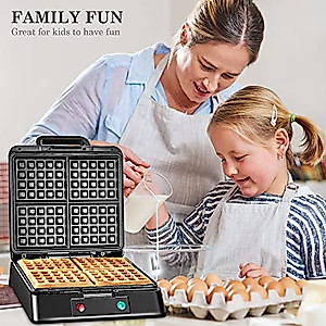 REDMOND Waffle Maker, Nonstick 4 Slice Square Waffle Iron, Compact Classic Stainless Steel Waffle Maker for Family Use Breakfast, 1300W, Black