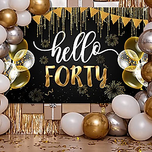 Hello Forty Banner Happy 40th Birthday Backdrop Decorations Black Gold 40 Years Old Background Bday for Women Men Photography Party Decor Supplies