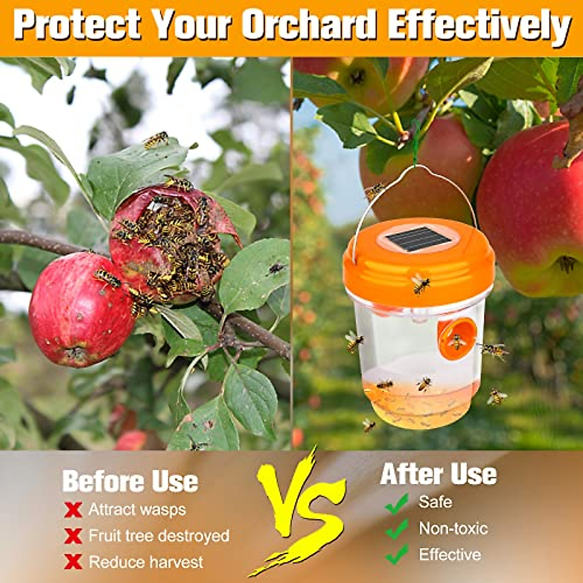 Mayardfun Wasp Traps, Solar Bee Trap Catcher, Wasp Catcher Yellow Jacket Trap with UV LED Light, Nontoxic Reusable Wasp Trap Orange Orange