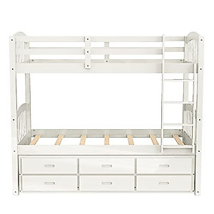 Merax Twin Over Twin Bunk Bed with Trundle and 3 Drawers, Solid Wood Bunk Bed Frame with Ladder and Full Guardrails, for Teens, White