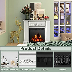 COSTWAY 32 Inch Electric Fireplace with Mantel, 1400W Freestanding Fireplace Heater w/Remote Control & Adjustable 3D Flame Effect, Indoor Fireplace Mantel for Living Room, Bedroom (White)