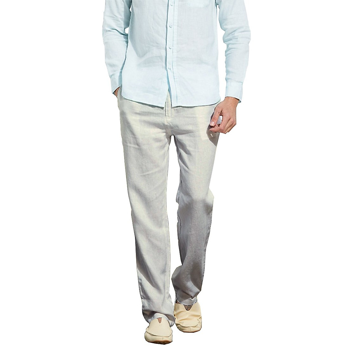 Manwan walk Men’s Casual Beach Trousers Elastic Loose Fit Lightweight Linen Summer Pants K70 (Small, Light Grey)