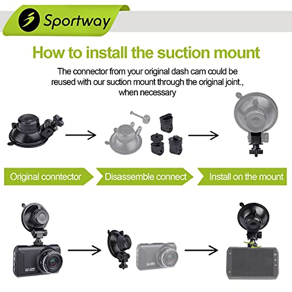 Sportway S501 Suction Cup Dash Cam Mount Holder (5th Gen) with Replaceable Joint for CHORTAU OldShark NIUTA Boogiio ORSKEY Abask and Most Other Car Dash Cameras