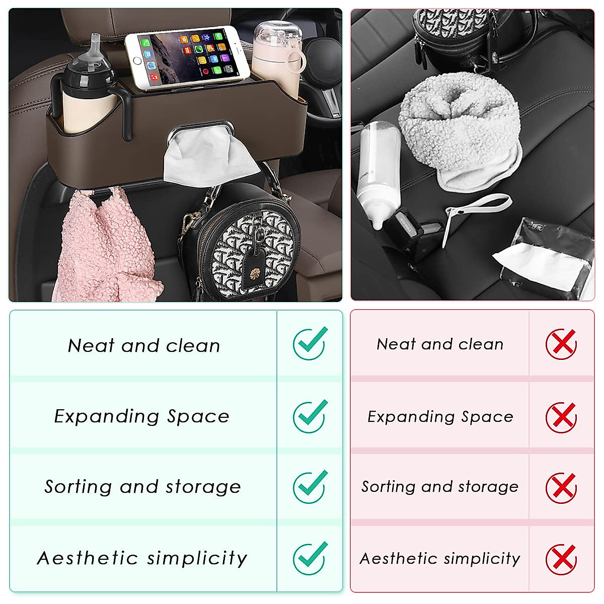 Back of Car Seat Organizer, Trunk Organizer for Car with 2 Drink Cup Holder, Cell Phone Holders, Hooks and Tissue Box, Vehicle Multifunctional Storage Box for Kids and Adults Travel (Brown)