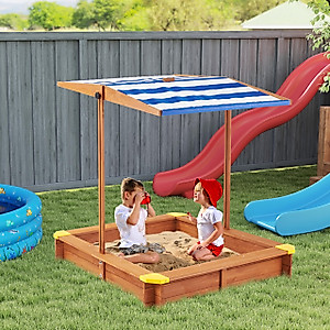 Kids Sandbox with Cover, 46.5" Wooden Sand Box w/Adjustable Canopy, Large Outdoor Cedar Sandpit for Backyard Play