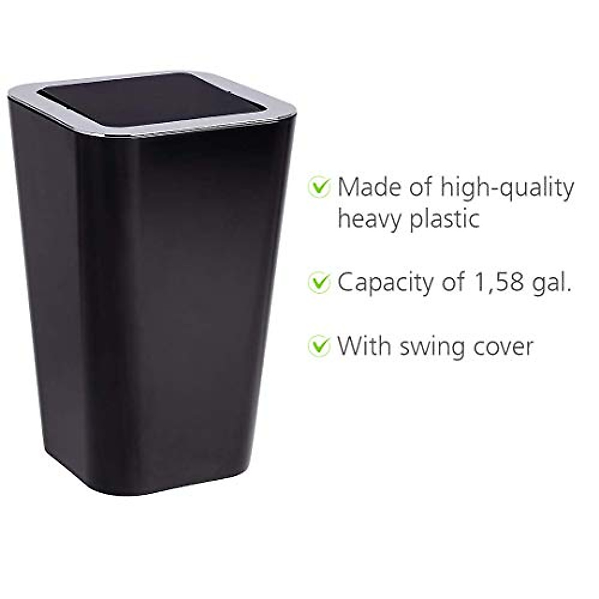 WENKO 22474100 Small Trash Can with Swing Top Lid, Mini Waste Basket, Stylish Garbage Bin for Bathroom, Bedroom, Kitchen, 1.6 Gallon, 7.1 x 11.2 x 7.1 in, Black, 6 L