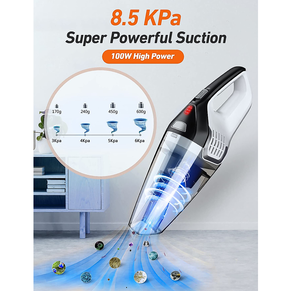 Handheld Vacuum Cordless Rechargeable, 8500Pa Powerful Handheld Vacuum Cleaner for Wet&Dry Use, Portable Handheld Vacuum Cleaner for Car/Home/Pet Hair Cleanup, Vac with Charging Dock&2 HEPA Filters