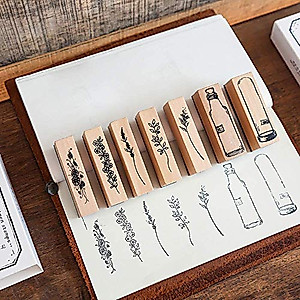 7 Pieces Vintage Wooden Rubber Stamps, Plant & Flower Decorative Mounted Rubber Stamp Set for DIY Craft, Letters Diary and Craft Scrapbooking