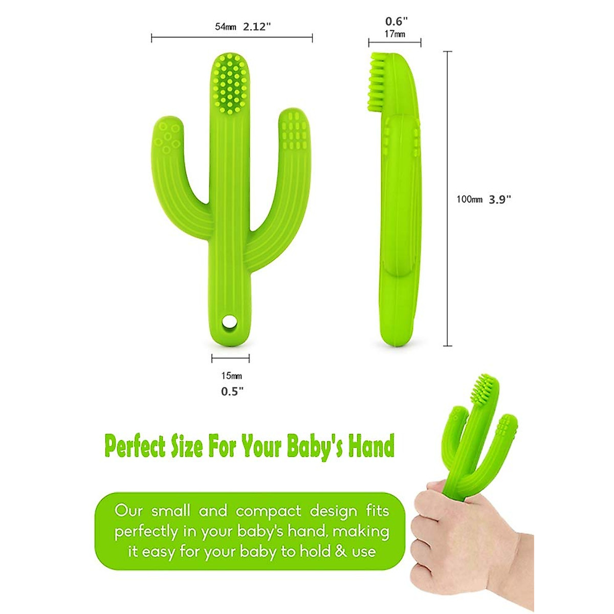 Cactus Teether, Baby Teething Toys for Babies 0-6 Months 6-12 Months, Self-Soothing Pain Relief Soft Baby Toothbrush for Babies, Toddlers, Infants, Boy and Girl, Natural Organic BPA Free(Green)