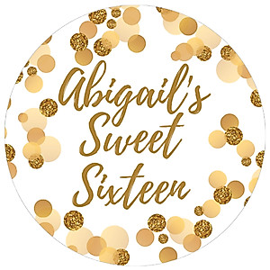 Personalized White and Gold Sweet 16 Birthday Party Favor Stickers with Name - Custom Envelope Seals, Bag Stickers - 1.75 in. Round - 40 Labels
