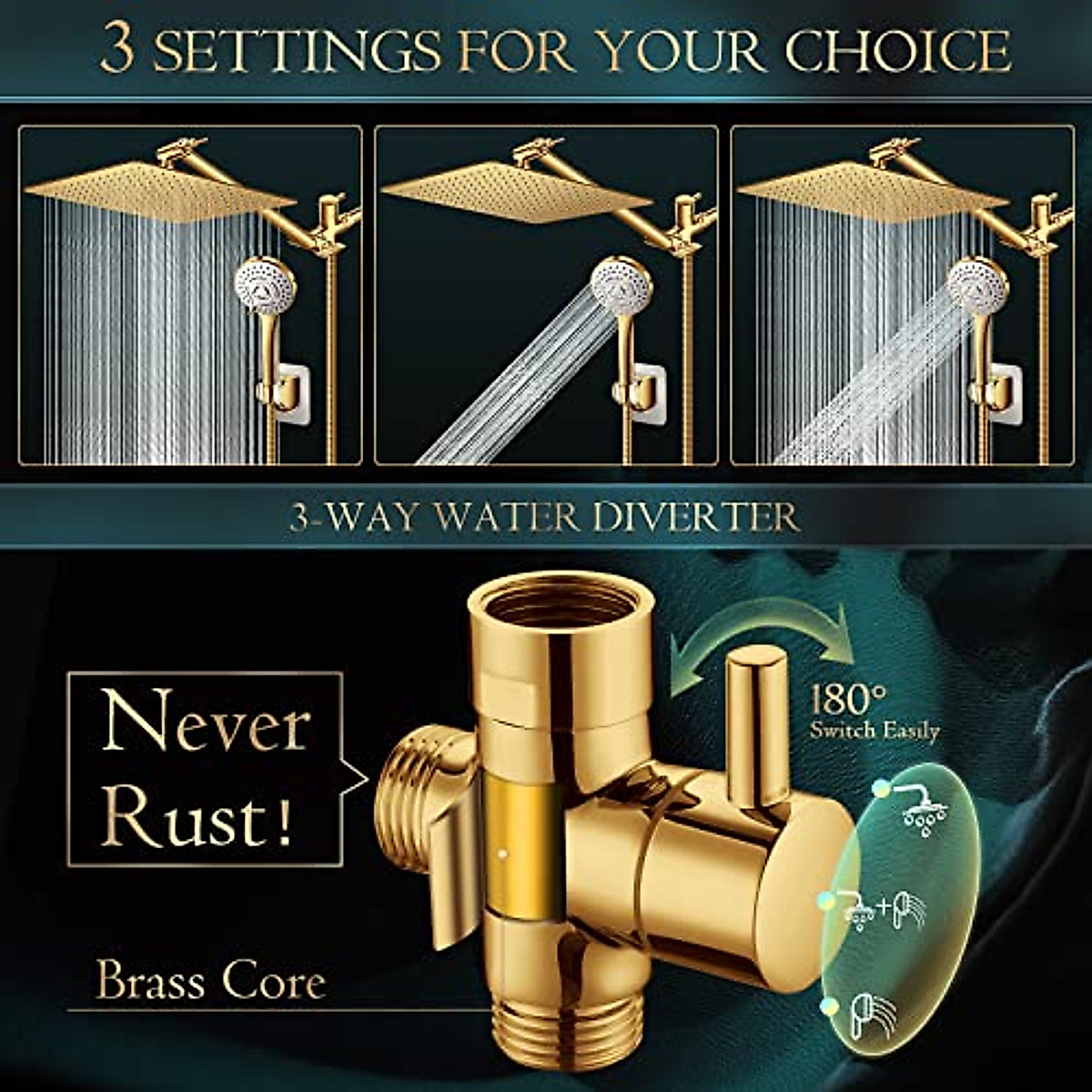 Shower Head,12'' Rain Shower Head with 11'' Adjustable Extension Arm and 5 Settings High Pressure Handheld Shower Head Combo,Powerful Shower Spray Against Low Pressure Water-Brushed Gold