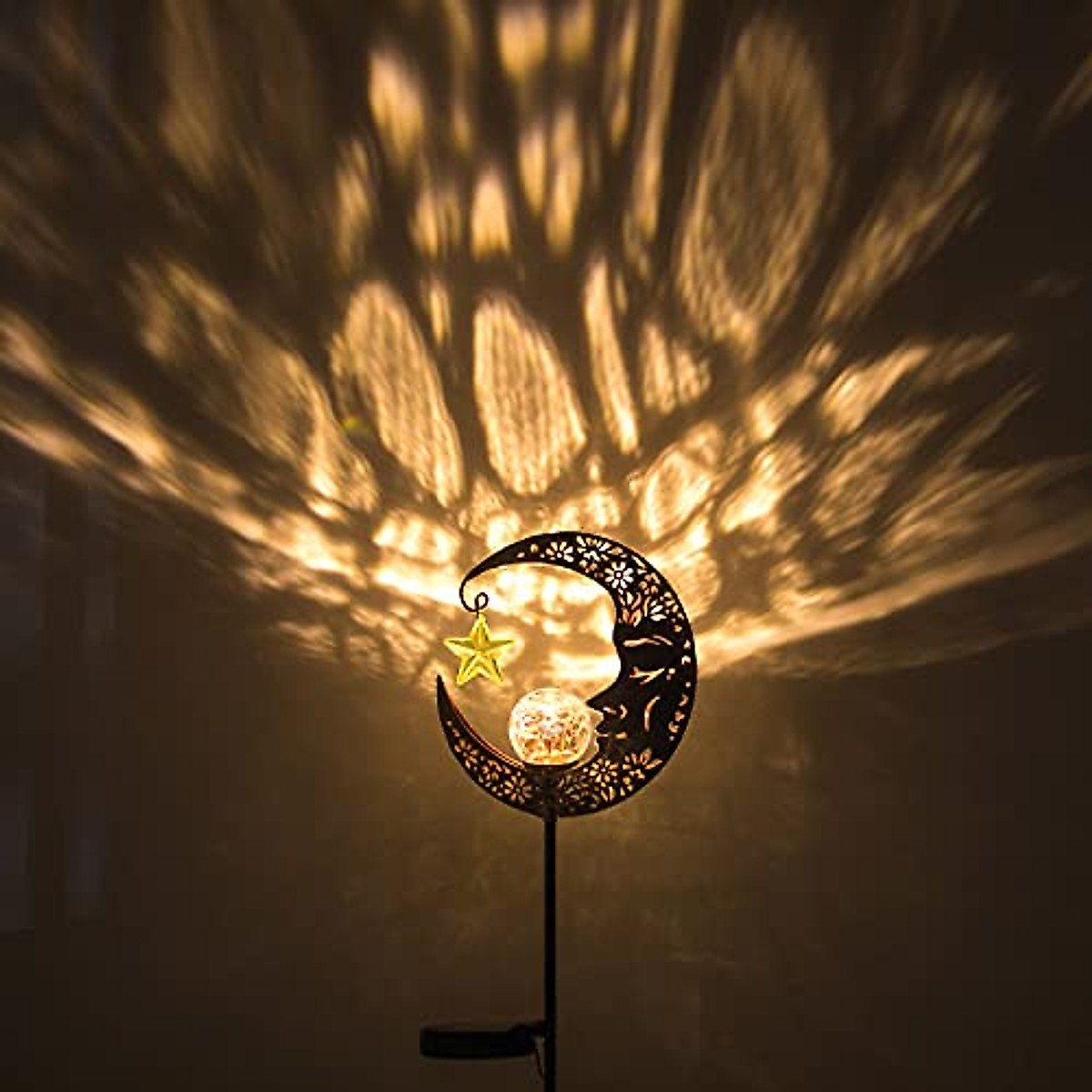 Hapjoy Solar Lights Outdoor Garden Decor Solar Moon Lantern for Patio,Lawn or Pathway Moon Decorations Crackle Glass Globe Stake Metal Lights Waterproof Warm LED Garden Gifts (Bronze)