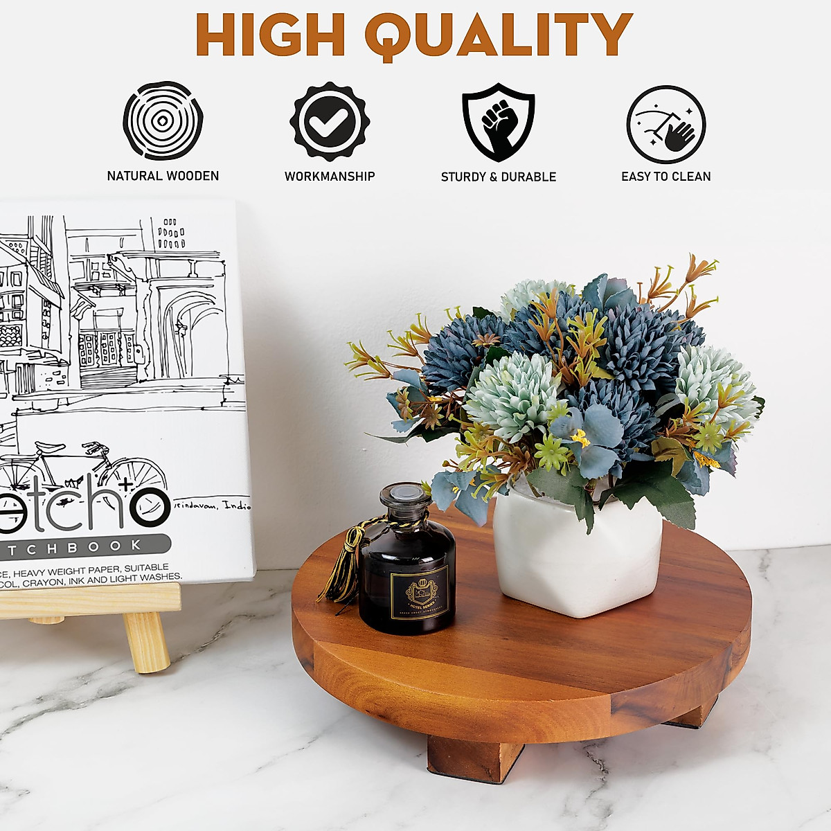 Demigo Round Wood Riser Board 9.5 inches, Natural Acacia Wood, Farmhouse Plant Holder, Multi-Purpose Display Stand, Wooden Pedestal for Soap, Plants, Candles, Countertop, Kitchen, Bathroom