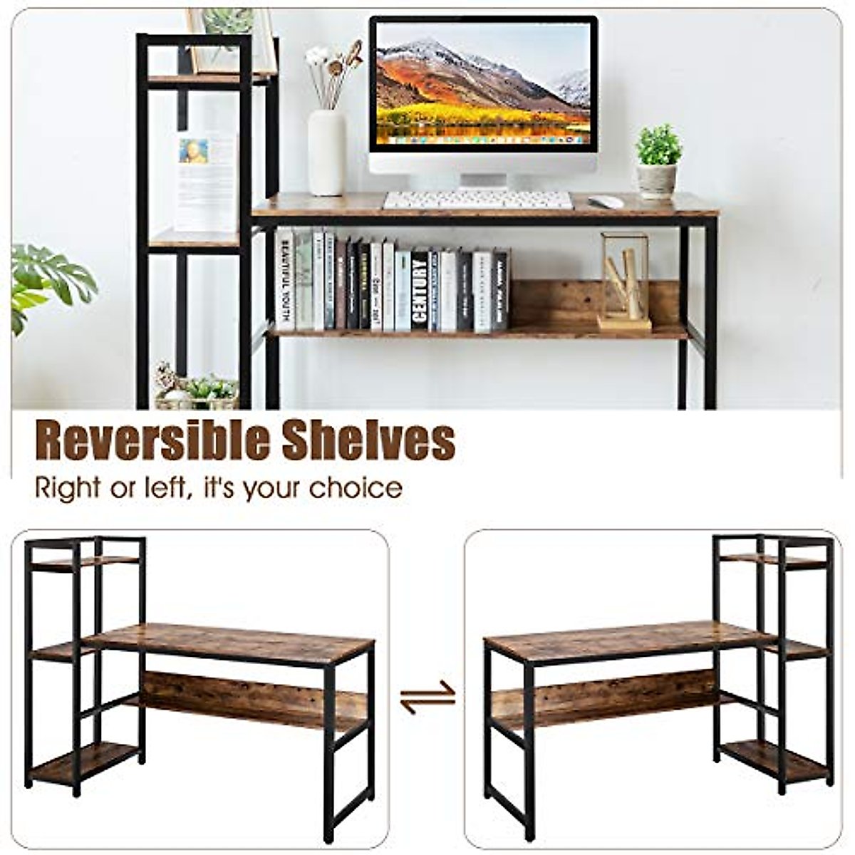 Tangkula 59-Inch Computer Desk with Bookshelf, Home Office Desk with Storage Bookshelf, Metal Frame & Adjustable Foot Pads, Space Saving Computer Workstation Study Writing Desk