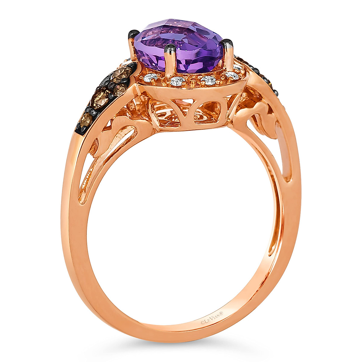 LE VIAN 1 3/4 Carat Oval Purple Amethyst and 1/4 Carat Chocolate Diamond Band Ring for Women in 14k Rose Gold (White/Fancy Brown, cttw) Engagement Anniversary Ring Size 7