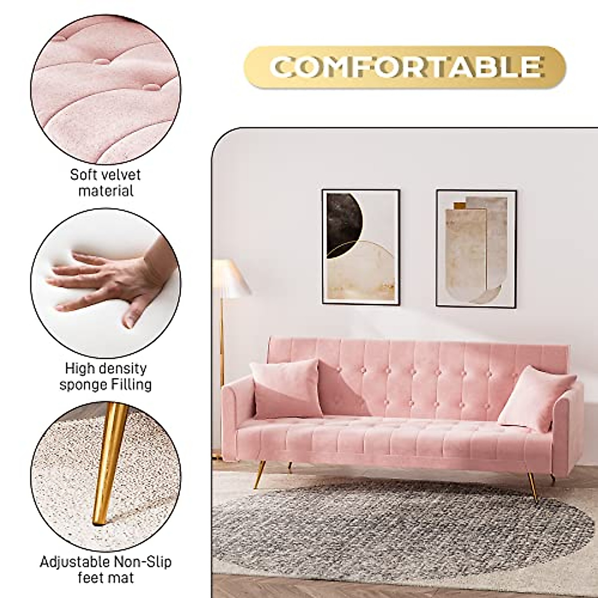 OUYESSIR Velvet Futon Sofa Bed with 2 Pillows, Convertible Futon Couch, Sturdy Sleeper Sofa in 71 inch, Small Futon Sofas (Pink)