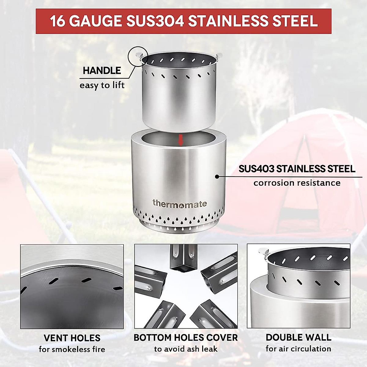 thermomate Large Outdoor Fire Pit for Patio Backyard, 17x16.5 Inch Stainless Steel Round Bowl Wood Burning, Smokeless , Portable Camping Fire Pit