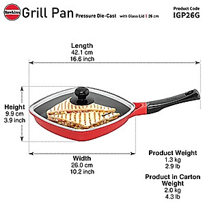 Hawkins 26 cm Grill Pan, Non Stick Die Cast Grilling Pan with Glass Lid, Square Grill Pan for Gas Stove, Ceramic Coated Pan, Roast Pan, Red (IGP26G)