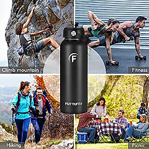Futtumy Stainless Steel Water Bottle with Straw, 40oz Water Bottle with Spout Lid and Straw Lid, Double Wall Vacuum Insulated Water Bottle, Thermal Bottle for Sports, Travel, School, Gym (Black)