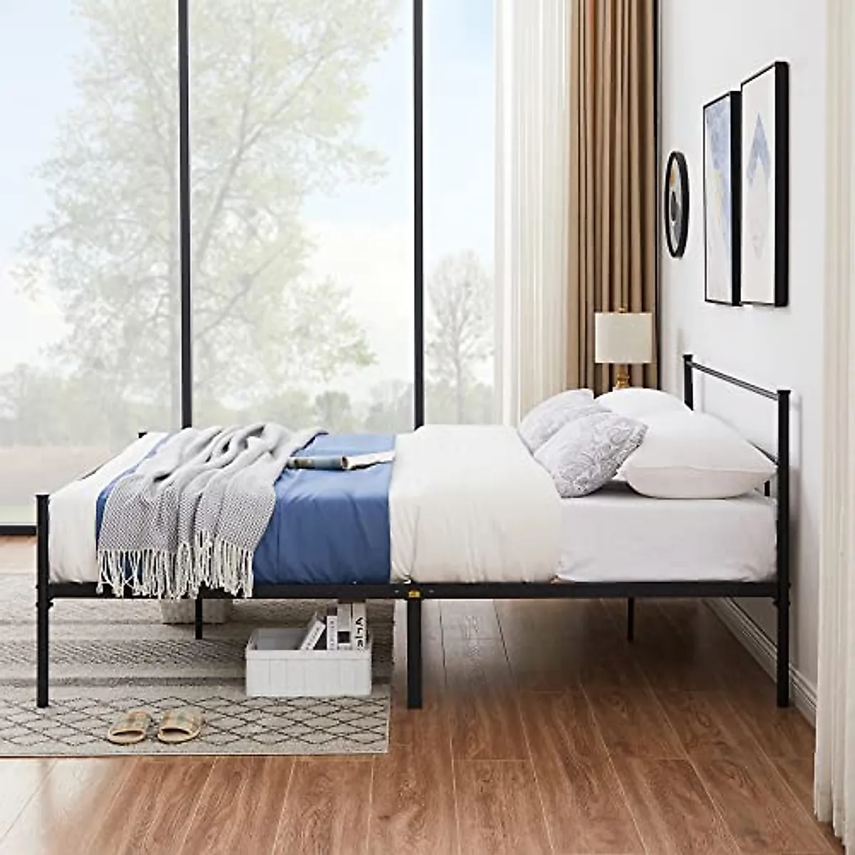 VECELO Queen Size Metal Bed Frame with Headboard and Footboard, 12'' Under-Bed Storage & Strong Slats Support, No Box Spring Needed