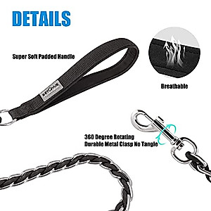 Chew Proof Metal Leash Chain Dog Leash for Medium Large Dogs, Chain Link Dog Leash Anti Chew 5FT Strong Anti Bite Dog Leash Comfortable Soft Padded Handle Black