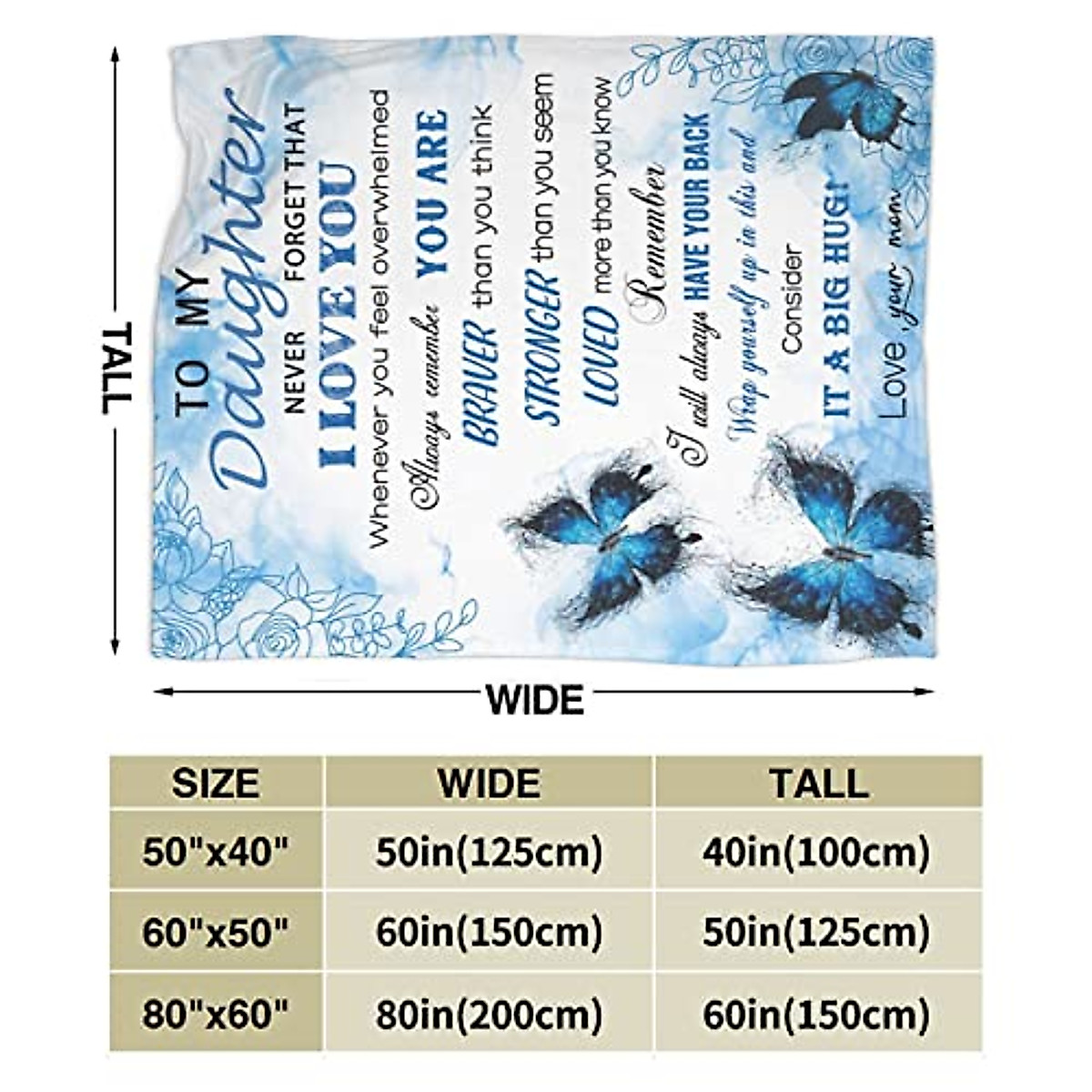 Daughter Gift Blanket - to My Daughter Gifts from Mom, Butterfly Blanket Soft Flannel Throws Blankets Birthday Anniversary Present 60x50 Inch