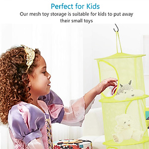 LANMOK 3pcs Hanging Mesh Storage Basket Foldable Space Saving Toy Organizer With 3pcs S hooks for Kids Room Bathroom Wall Balcony Wardrobe