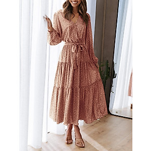 PRETTYGARDEN Women's 2024 Long Sleeve Wrap V Neck Floral Ruffle Tiered Maxi Dress Boho Chiffon Flowy Long Dresses with Belt(Khaki,Medium)