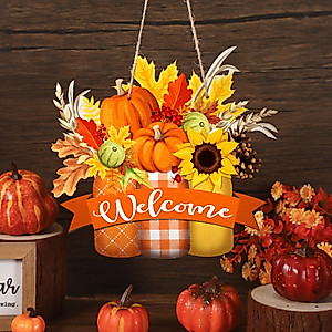 Thyle 2 Pcs Welcome Fall Thanksgiving Front Door Decor Hello Fall Truck Door Signs Pumpkin Maple Leaf Sunflower Door Hanging Fall Wall Decoration