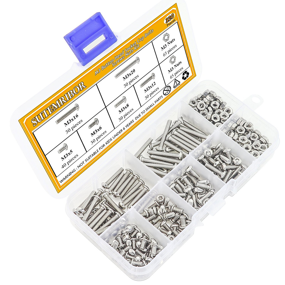 Sutemribor 320 Pieces M3 Stainless Steel Button Head Hex Socket Head Cap Bolts Screws Nuts Assortment Kit + Wrench
